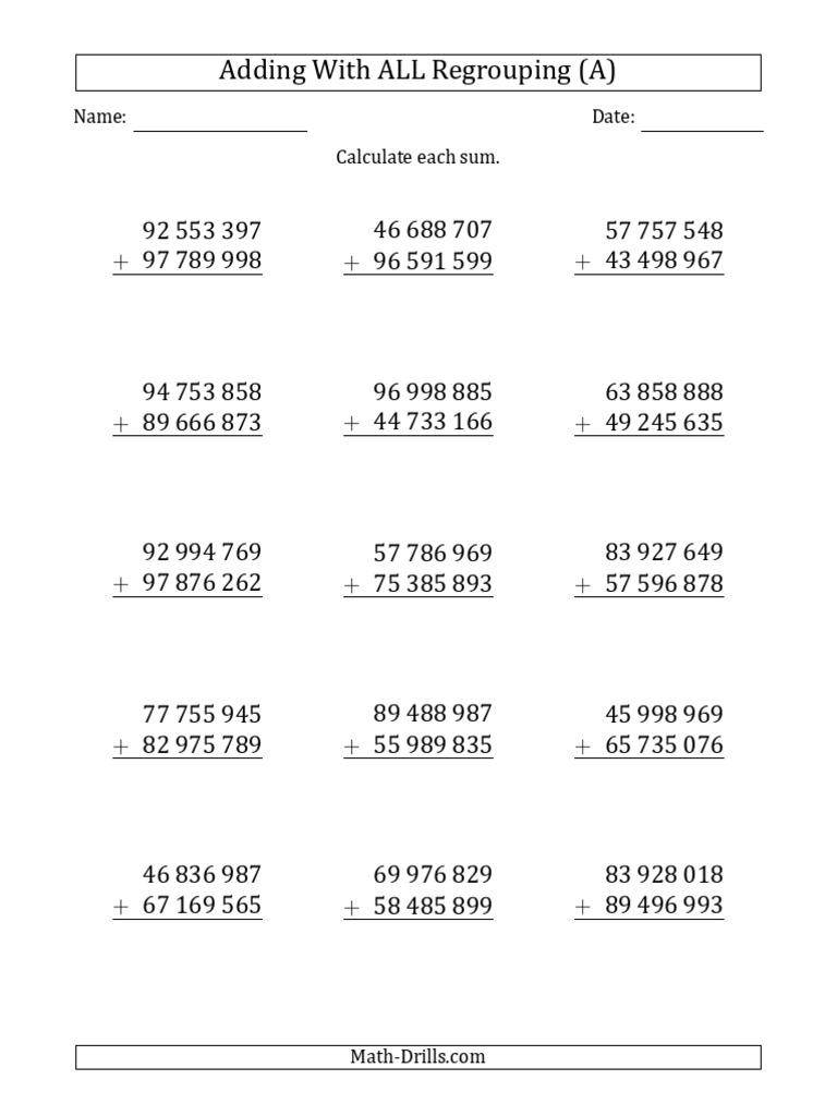 8-Digit Addition with Regrouping | PDF