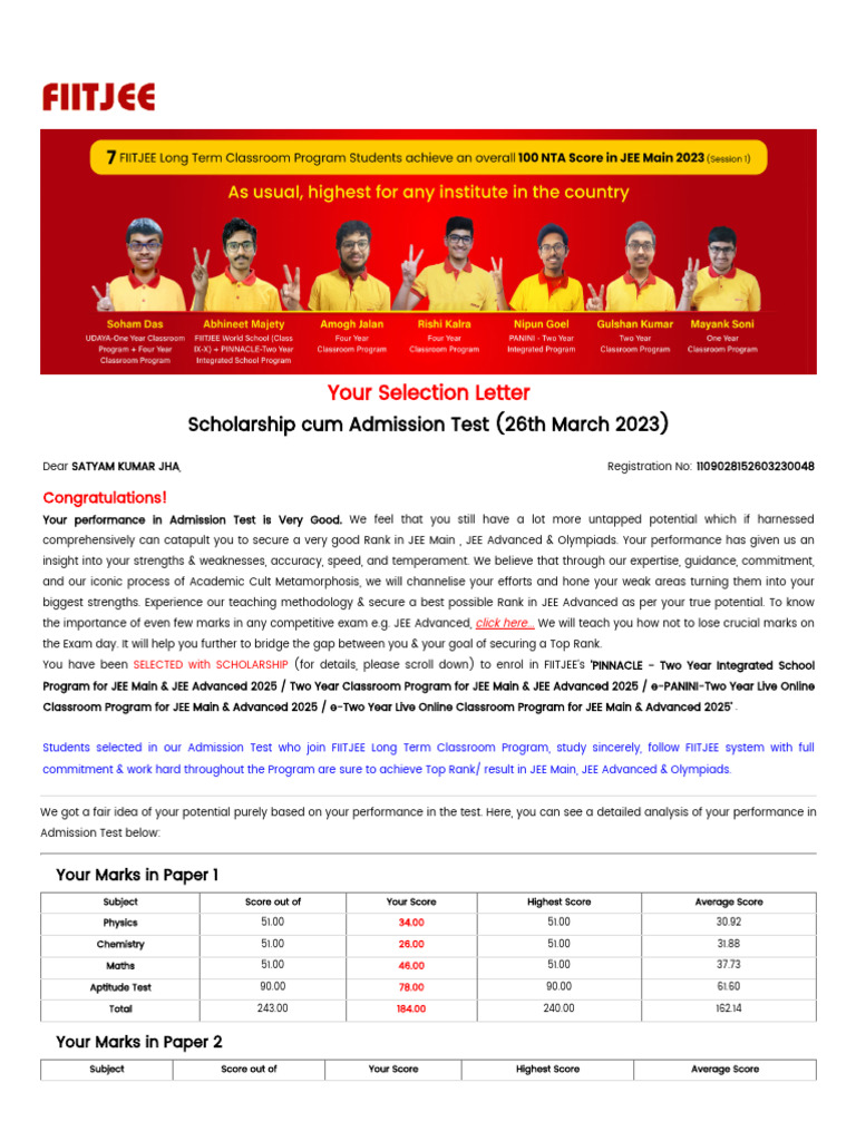 __ FIITJEE Admission Test - 26th March 2023 Result _ | PDF | Qualifications