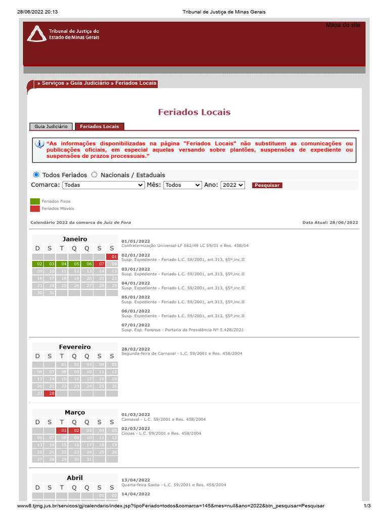 Calendário TJMG Juiz de Fora | PDF
