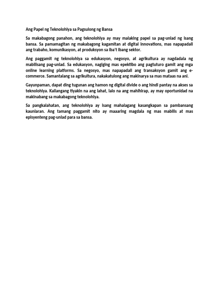 Ang Papel NG Teknolohiya Sa Pagsulong NG Bansa | PDF