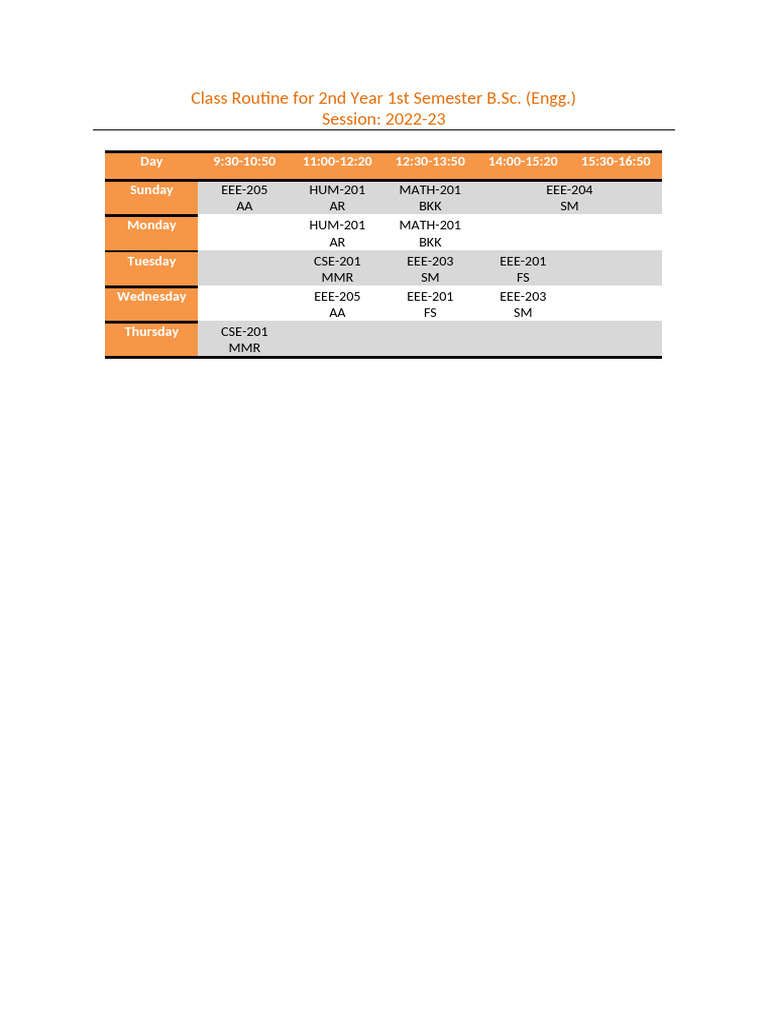 2nd Year B.Sc. (Engg.) Class Schedule | PDF
