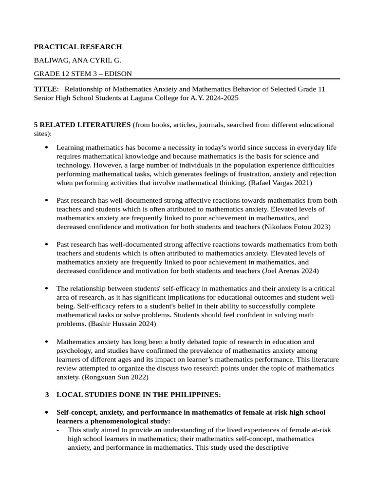 PR (RRL ASSIGNMENT) | PDF | Mathematics | Self Efficacy