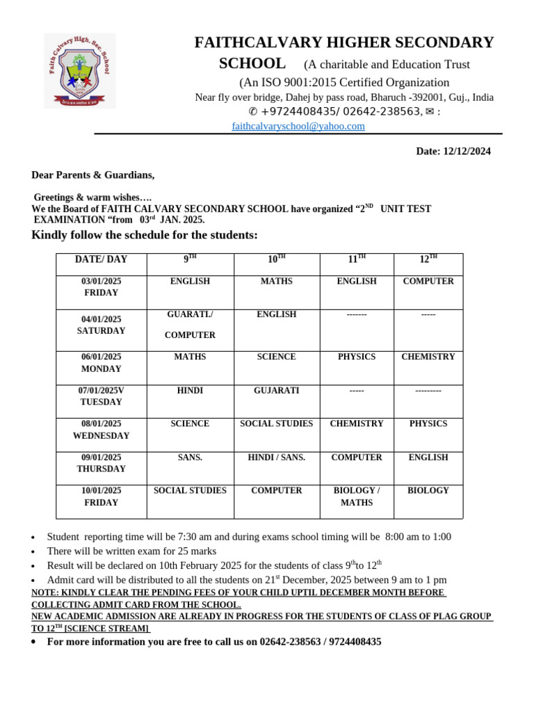 2ND Unit Test Time Table Class 9TH To 12TH | PDF | Educational Stages