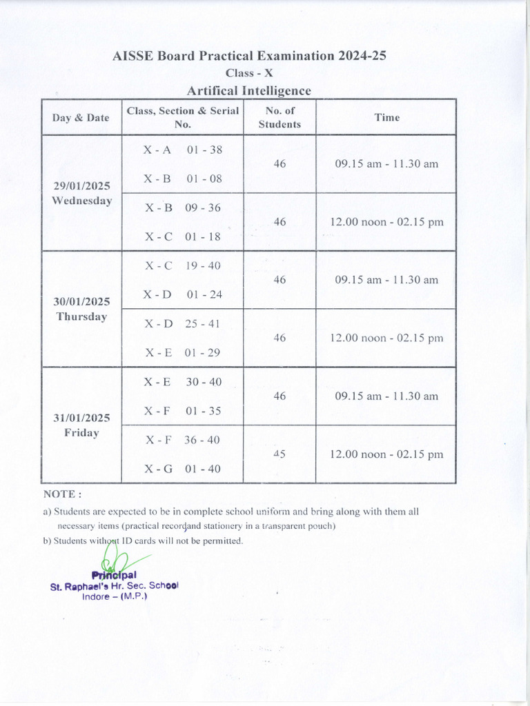 AISSE Board Practical Exam Schedule 2024-25 | PDF