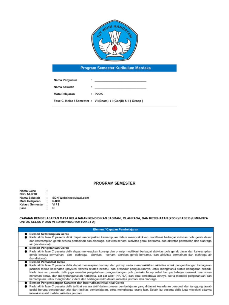 4. Prosem Kelas VI - PJOK (Websiteedukasi.com) | PDF