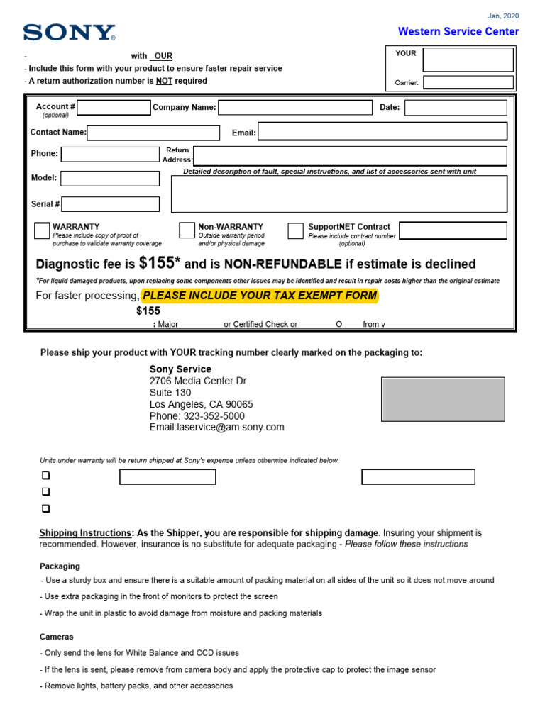 Sony Service Repair Instructions Form | PDF | Camera | Credit Card