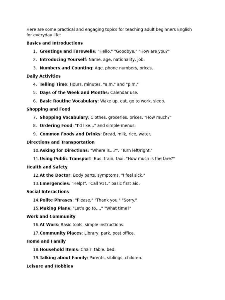 Essential English Topics for Adult Beginners | PDF