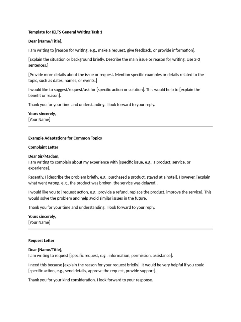 Template For IELTS General Writing Task 1 | PDF