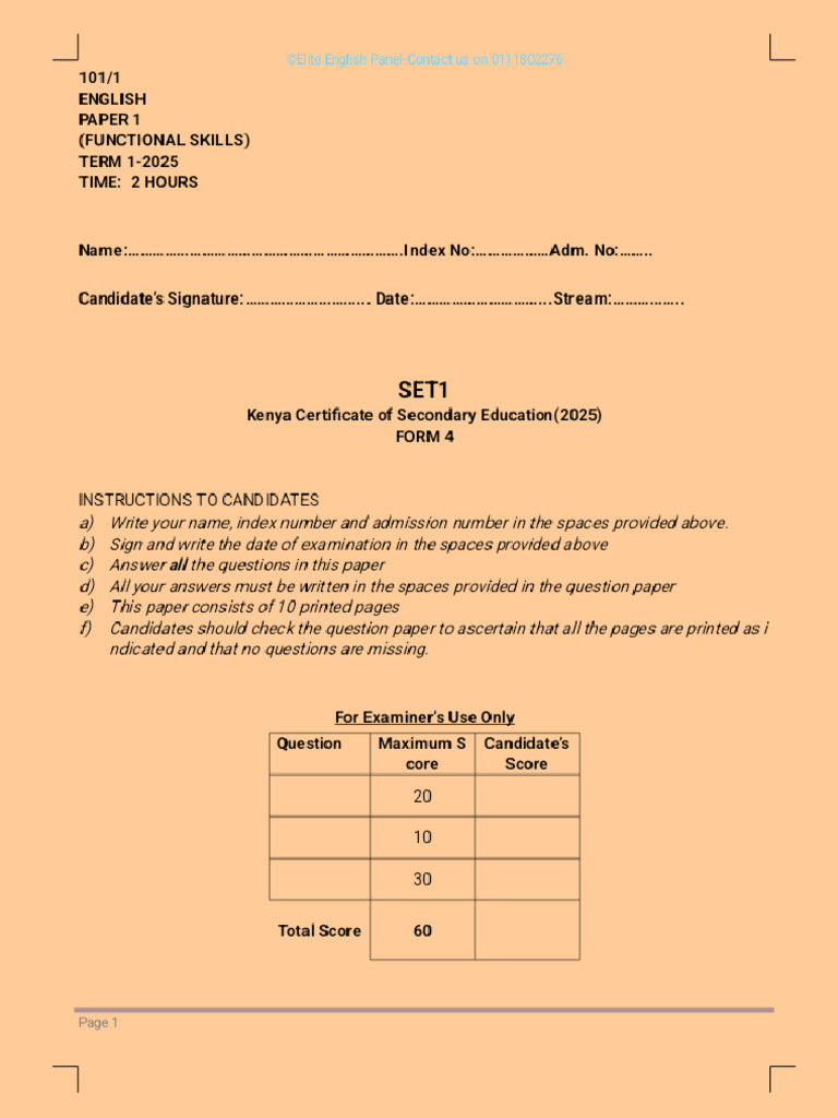 Kcse 2025 English Paper One Trial 1-10 Kcse 2025 Form 4 PDF | PDF