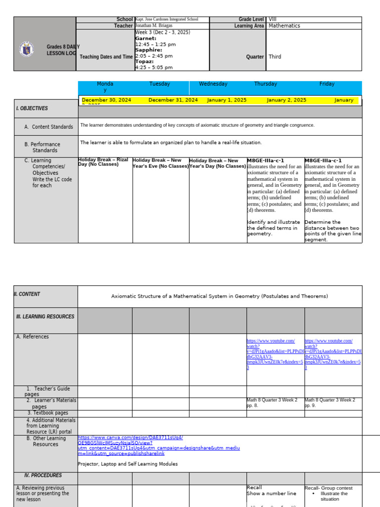 DLL Math 8 Q3 W3 (Jan 2 - 3, 2025) | PDF | Mathematics | Geometry