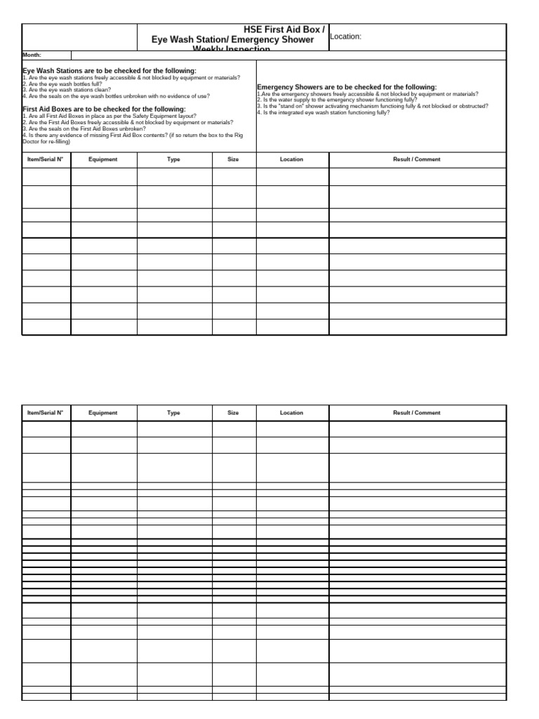 HSE First Aid Box_Eye Wash Station_Emergency Shower Inspection | PDF