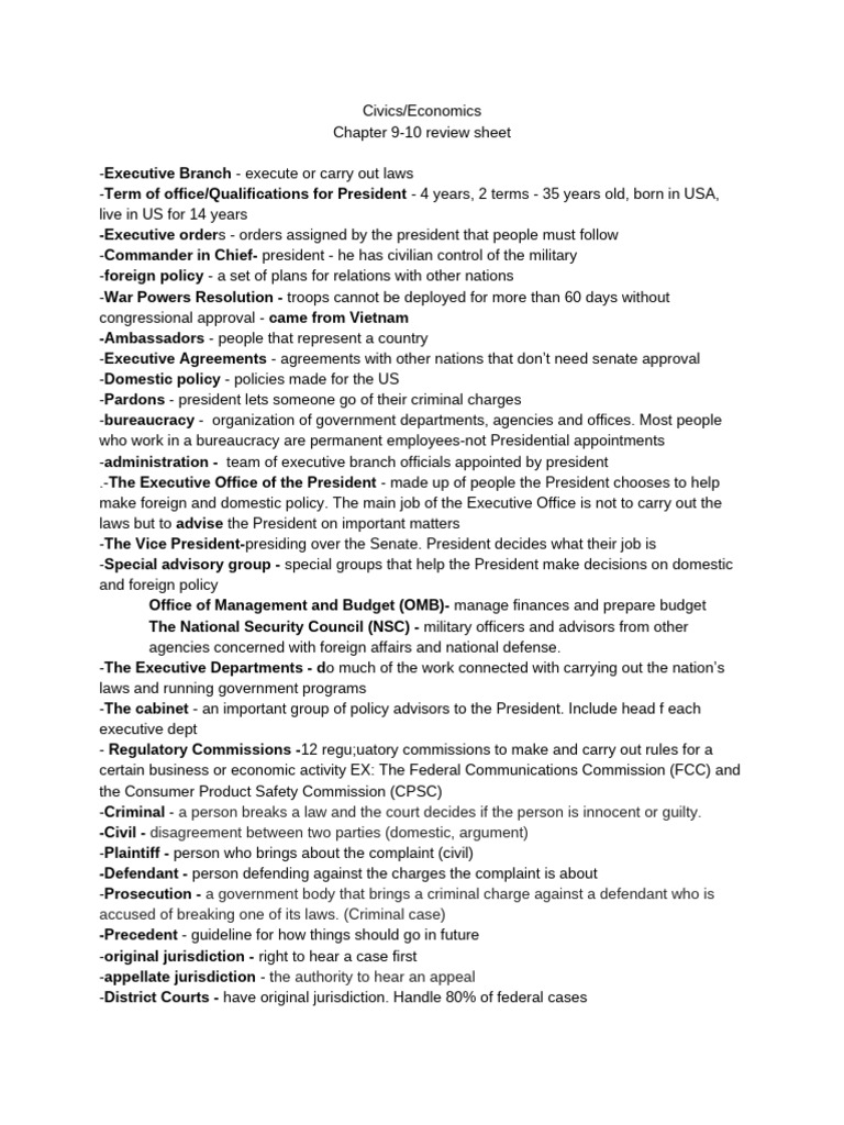 Civics - Economics Chapter 9-10 Review Sheet | PDF | Presidents Of The ...