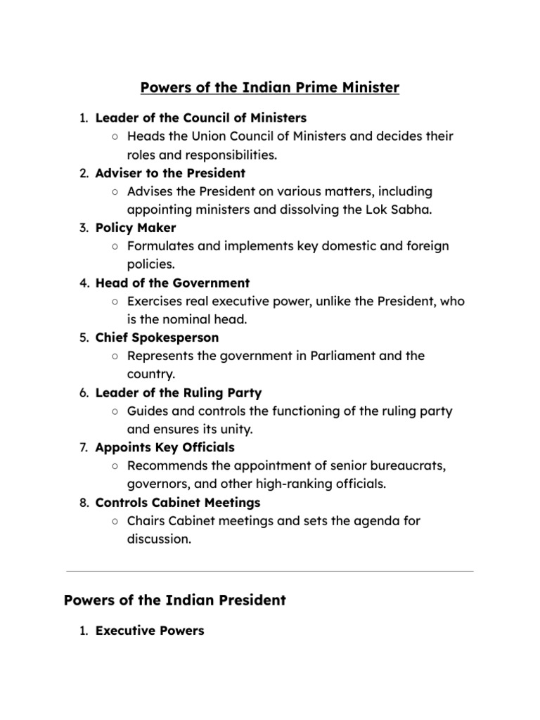 Power of Prime Minister and President | PDF