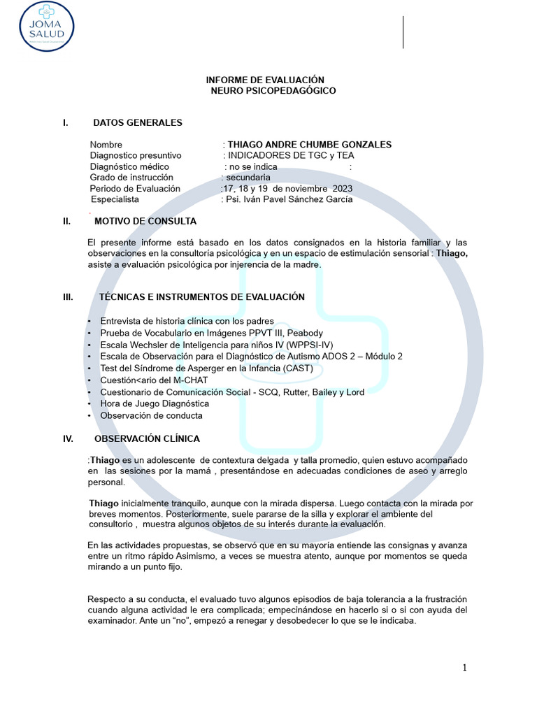 Informe de Evaluación Adolescente Thiago | PDF | Autismo | Cognición