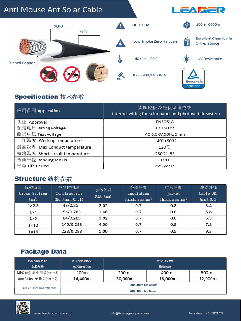 Cable Solar 1500V H1Z2Z2 K TUV UL en 50618 Anti Ratón Hormiga | PDF | Insulator (Electricity ...