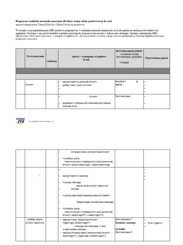 Propozycja Rozkladu Materialu Nauczania Chemii W 3 | PDF
