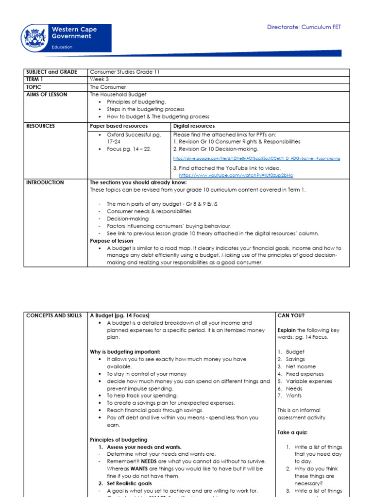 Consumer Studies Grade 11 T1 W3 - 2021 | PDF | Budget | Money