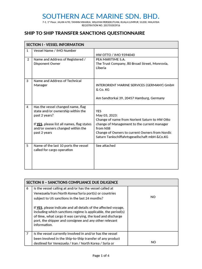 Southern Ace Questionnaire | PDF | Office Of Foreign Assets Control ...