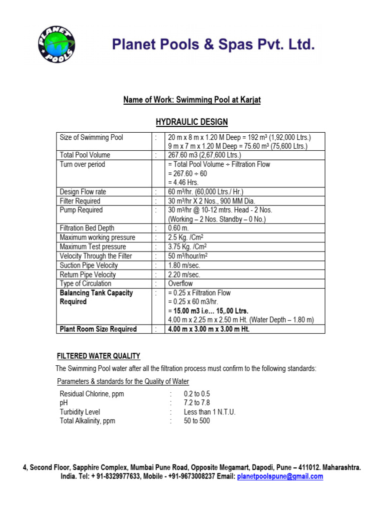 Hydraulic Design for Karjat Pool | PDF | Filtration | Swimming Pool