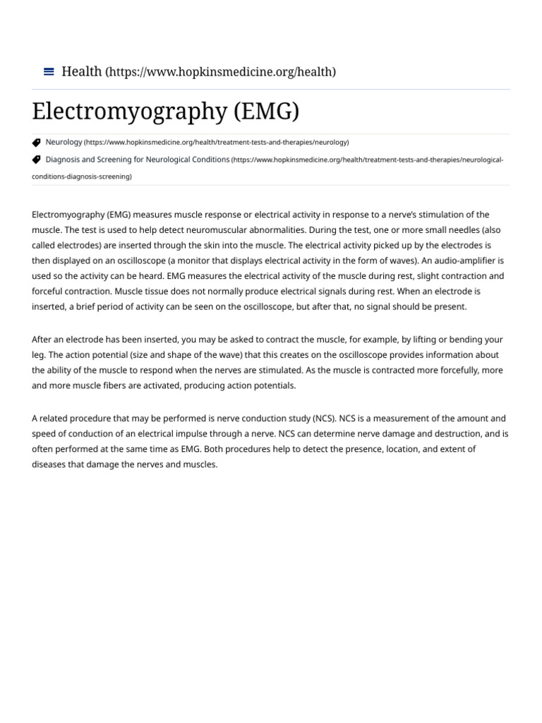 Electromyography (EMG) - Johns Hopkins Medicine | PDF | Electromyography | Physiology