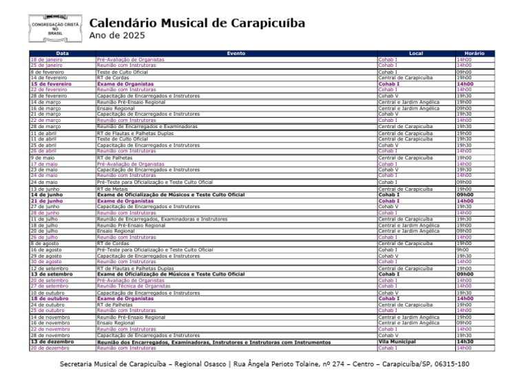 Calendário Musical CCB 2025 Carapicuíba | PDF