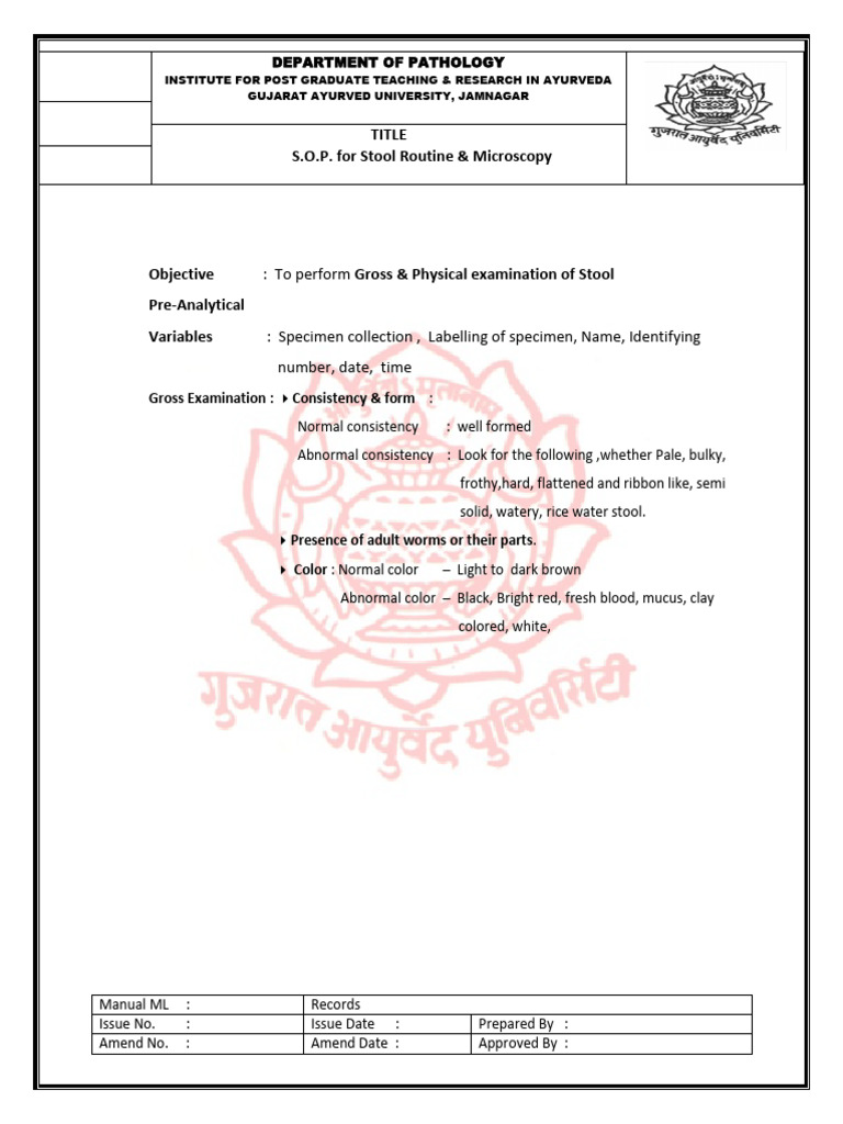 Sop of Stool Routine & Microscopic Examination | PDF | Microscopy