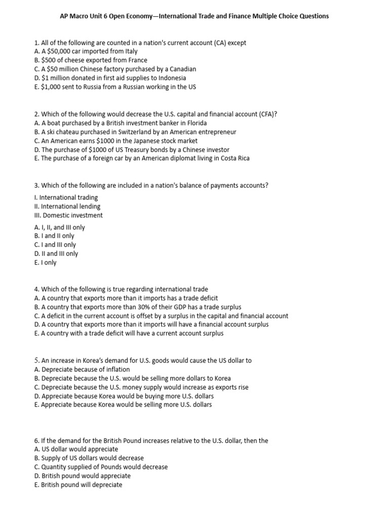 AP Macro Unit 6 Multiple Choice Questions - docx.PDF 2 | PDF | Currency ...
