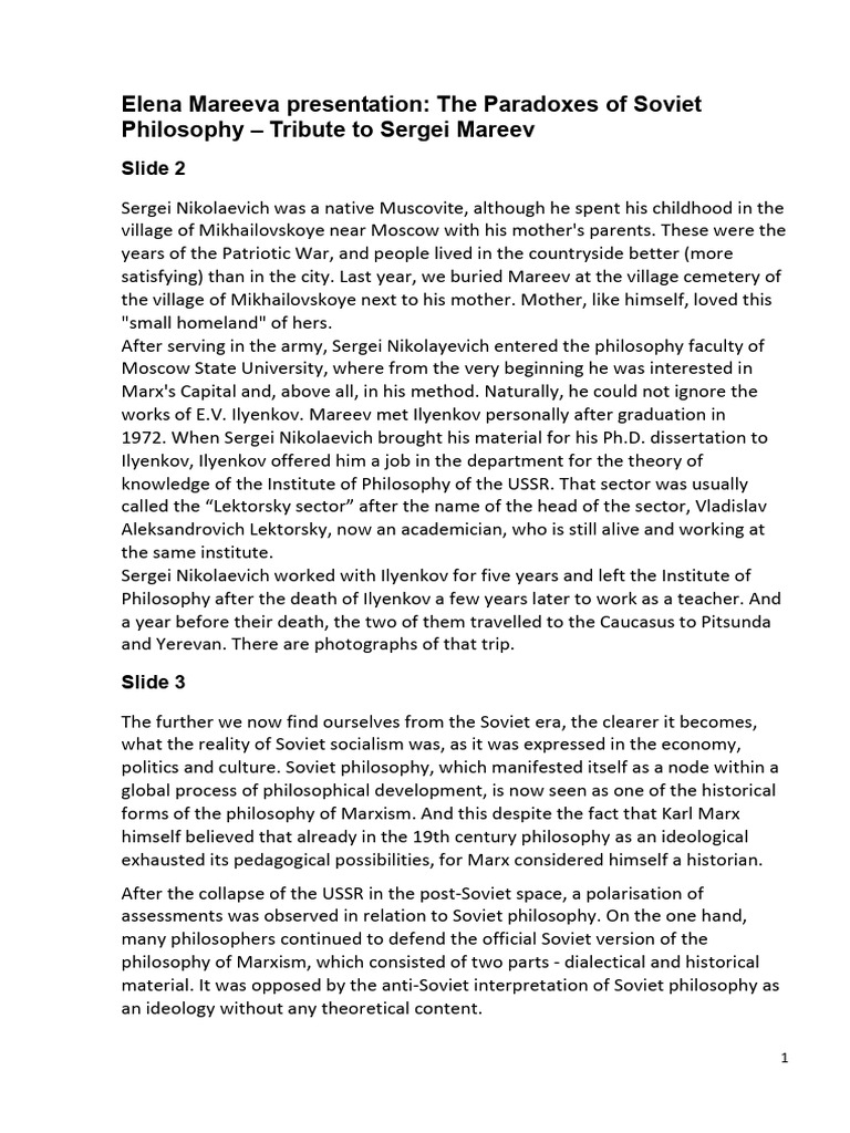 Elena Mareeva Presentation e28093 the Paradoxes of Soviet Philosophy e28093 Tribute to Sergei ...
