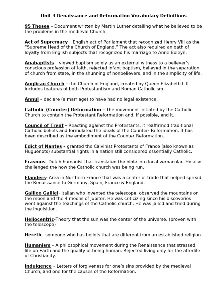 Unit 3 Renaissance and Reformation Vocabulary Definitions | PDF ...
