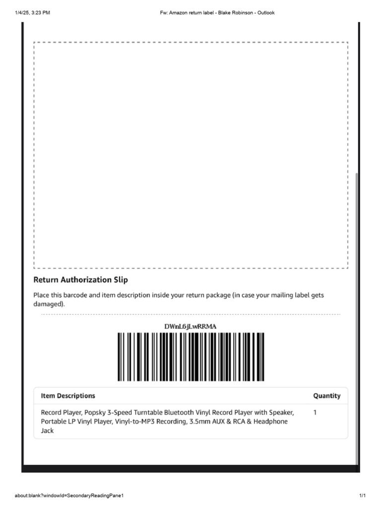 Fw_ Amazon return label - Blake Robinson - Outlook | PDF