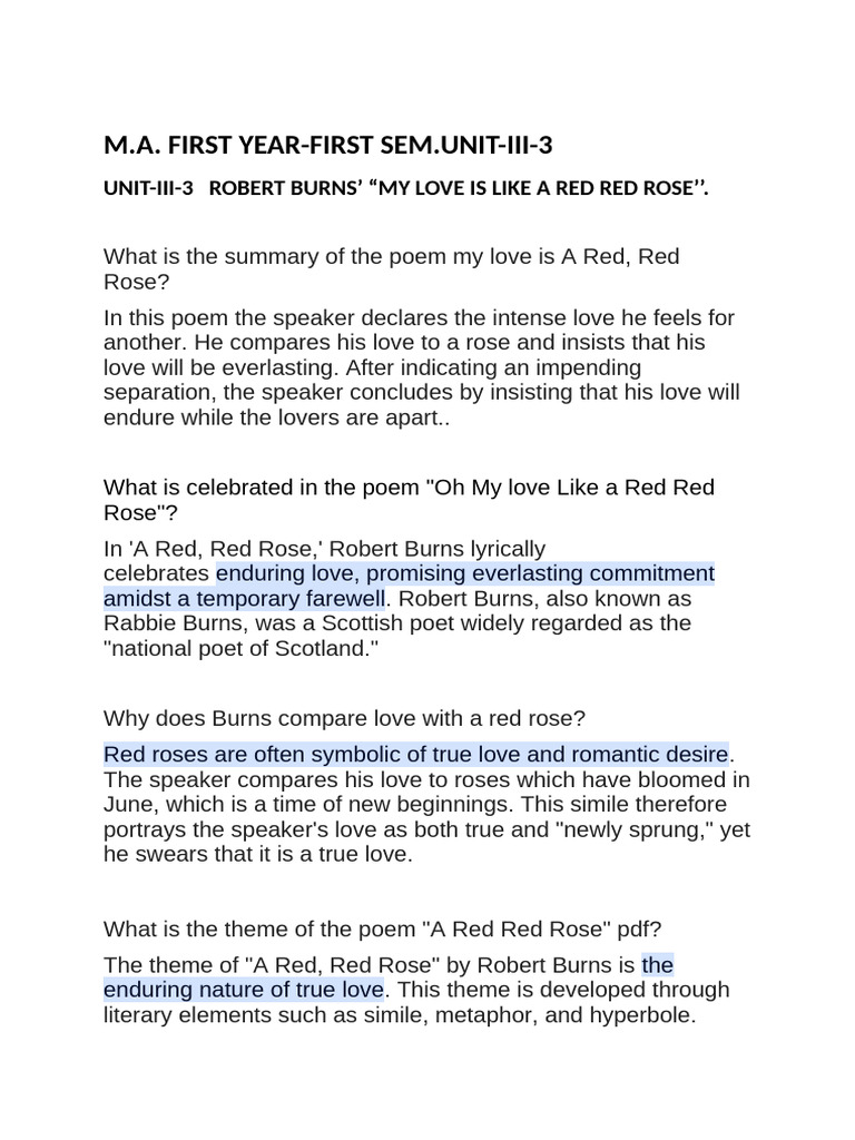 Uniit-III, 3.robert Burns's My Love Like A Red Red Rose | PDF | Poetry | Love