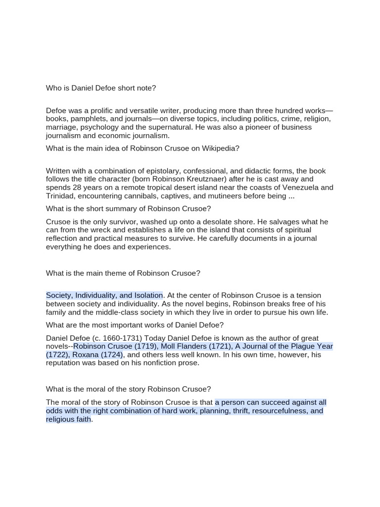 Who Is Daniel Defoe Short Note | PDF | Robinson Crusoe | Daniel Defoe
