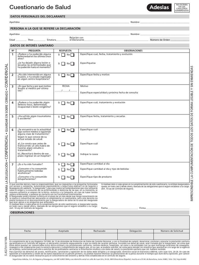 Cuestionario de Salud Editable | PDF | Póliza de seguros | Seguro