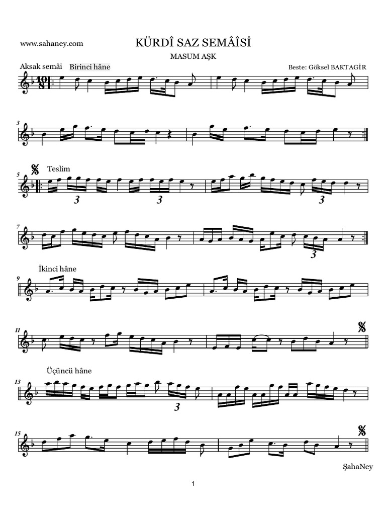 Kurdi Saz Semaisi Masum Ask Goksel Baktagir Ney Notasi | PDF