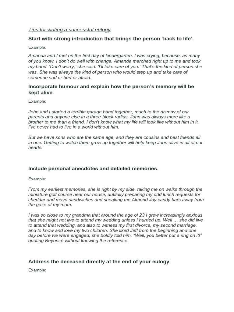 Tips For A Successful Eulogy | PDF