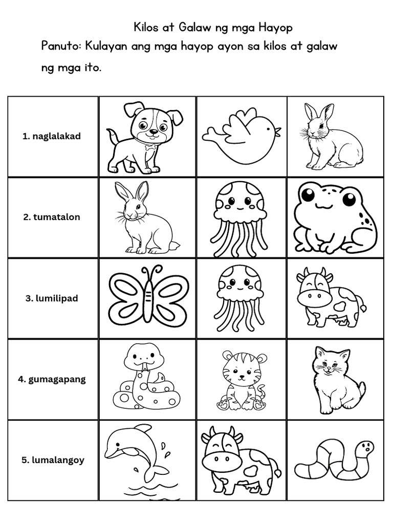 Colorful Illustrative Animal Movements Matching English Worksheet | PDF