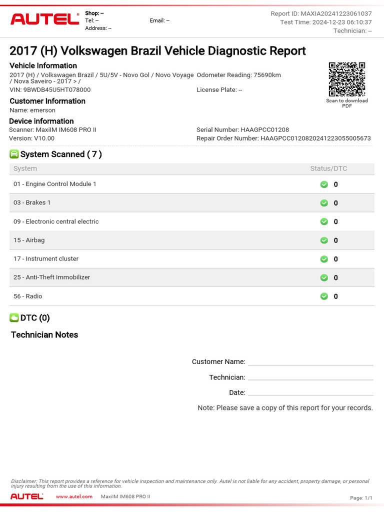2017 (H) Volkswagen Brazil Vehicle Diagnostic Report ...