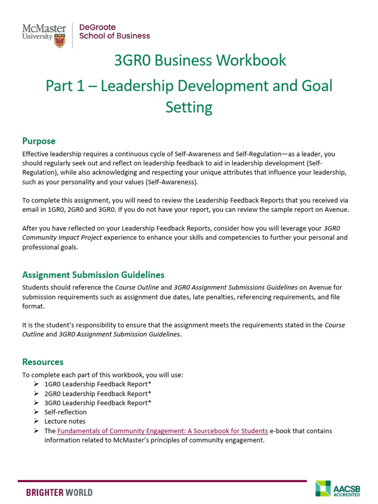 3GR0 Business Workbook Part 1 Assignment W25 | PDF | Leadership | Goal