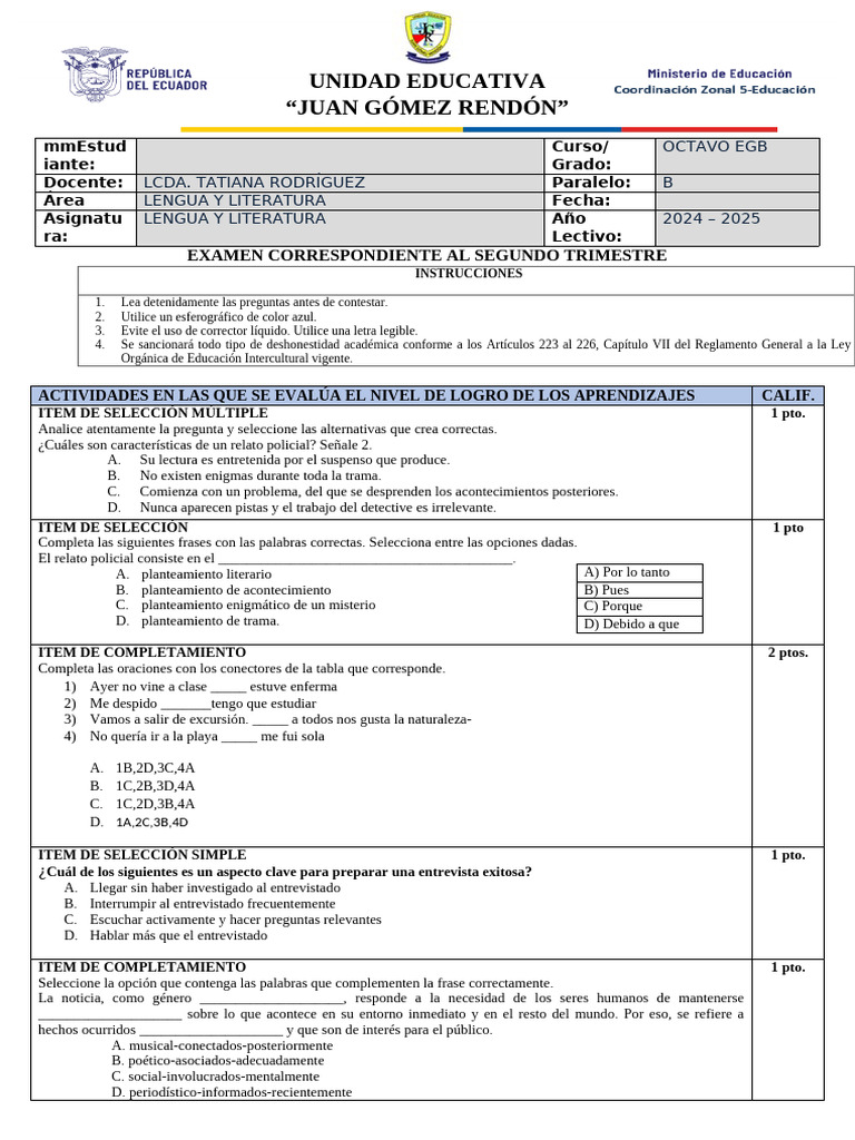 OCTAVO B LENGUA Vacio | PDF