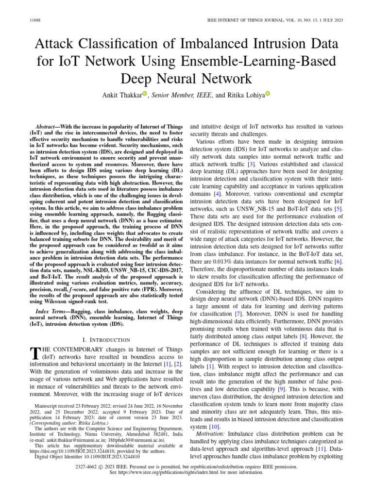 Attack Classification of Imbalanced Intrusion Data For IoT Network Using Ensemble-Learning-Based ...