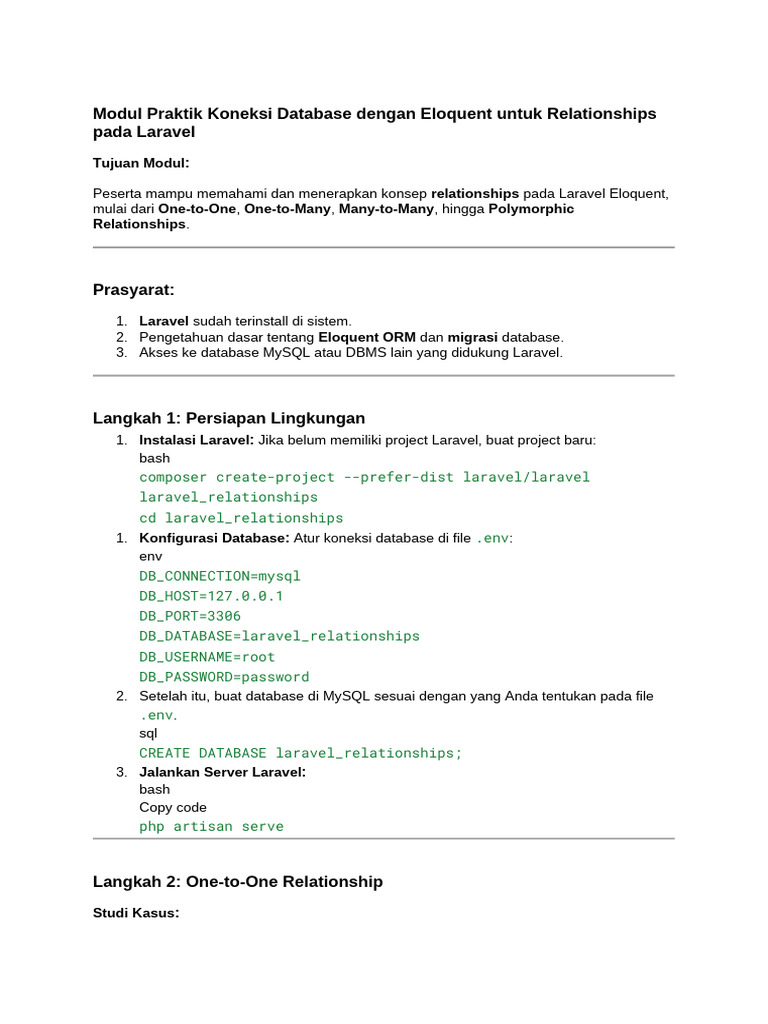 Modul Praktik Koneksi Database dengan Eloquent untuk Relationships pada Laravel | PDF