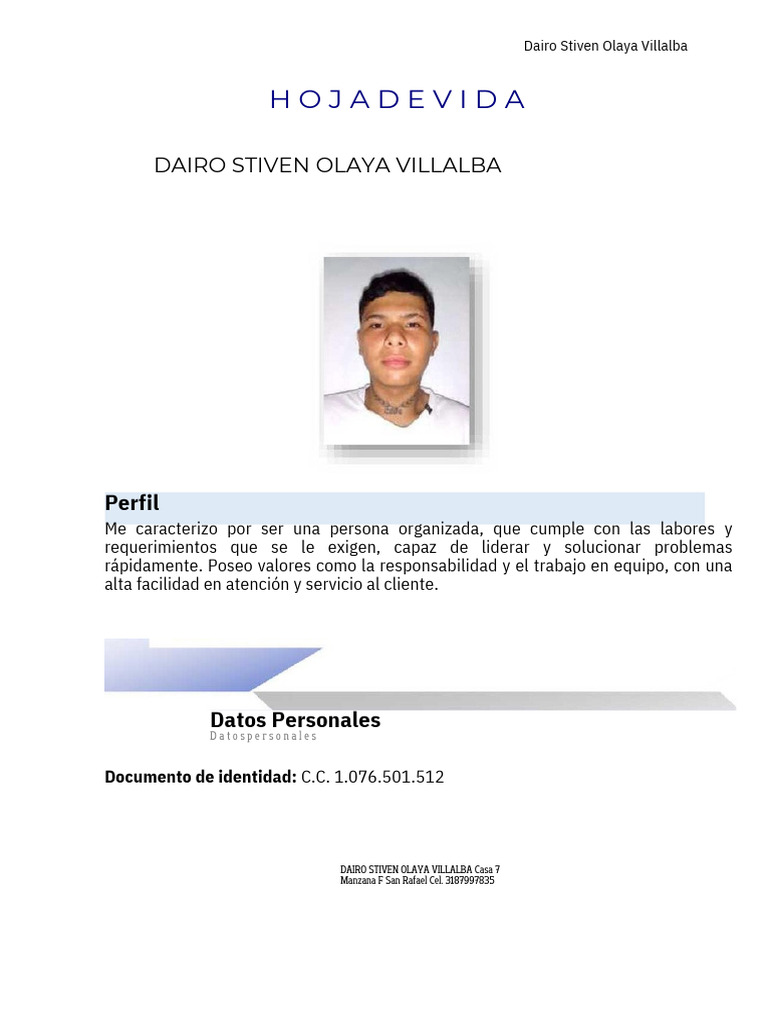 Hoja de Vida de Dairo Stiven Olaya | PDF