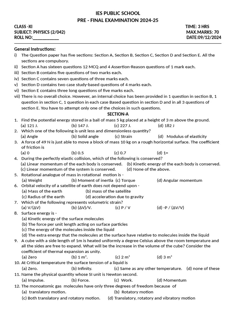 Class - 11 Physics Pre Final | PDF | Force | Torque