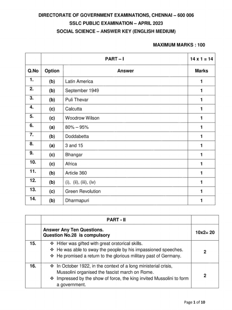 10Th Social Science DSE EM Public Exam Answer Key 2023 Kalviexpress | PDF