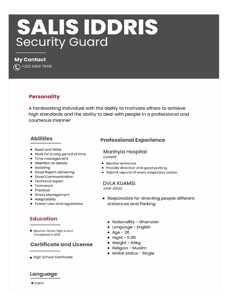 Salis Iddris - Security Guard | PDF