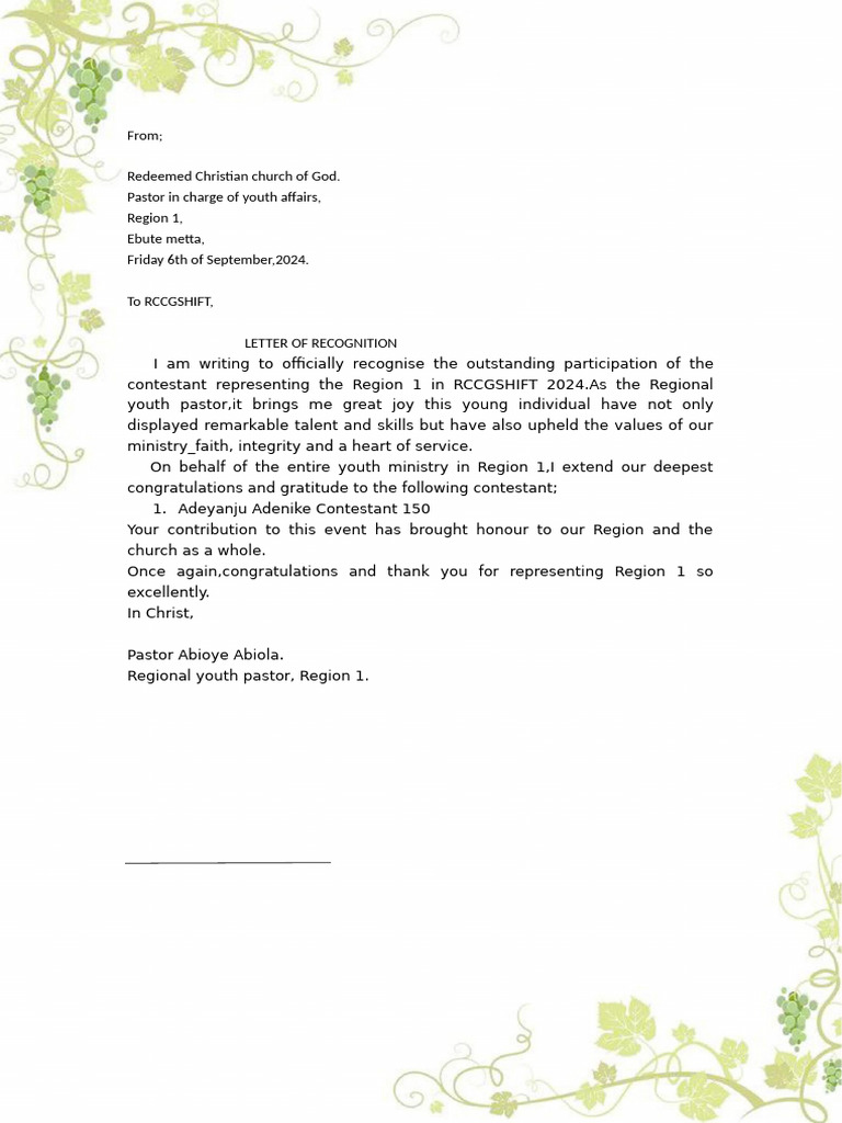 RYP Region 1 Letter of Recognition - New1 | PDF