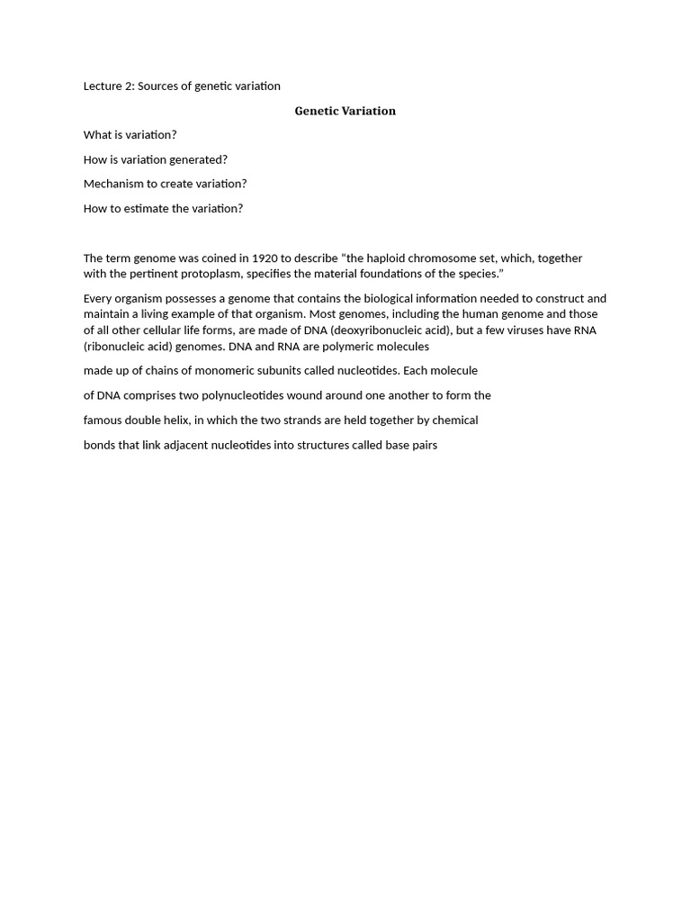 Lecture 2 - Genetic Variation | PDF
