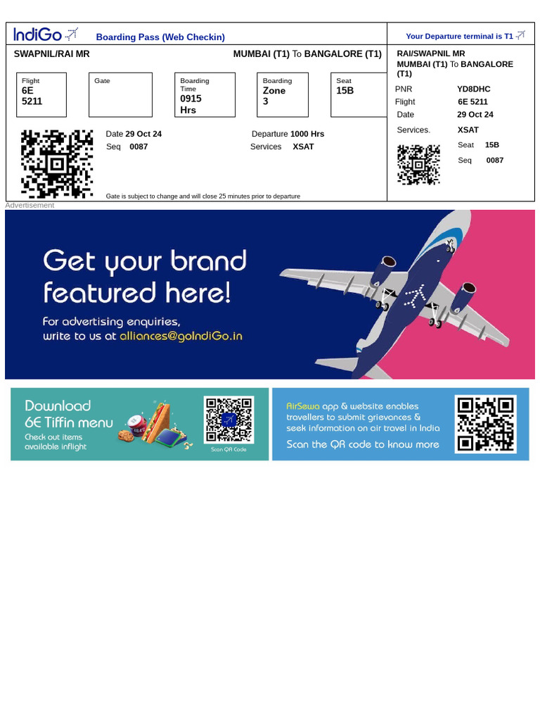 Indigo Flight 6E 5211 Boarding Pass | PDF | Aviation | Transport Safety