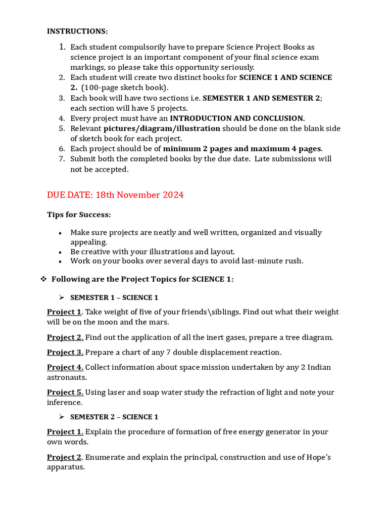 10th Science Project Instruction & Topics | PDF | Physical Sciences