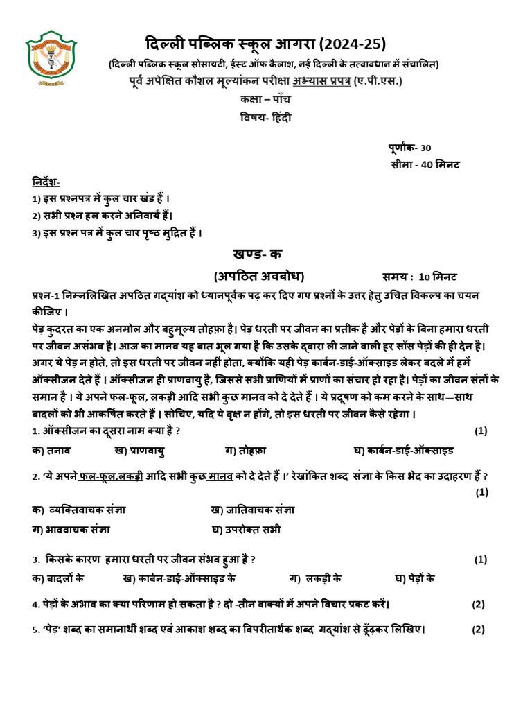 Class 5 APS Sample Paper Hindi | PDF